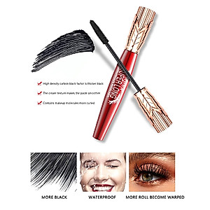 Mascara Black, Waterproof Long Lasting Smudge Proof Thicking Curling Lenthening Eyelash Makeup, 4D Silk Fiber Lash Crown Mascara