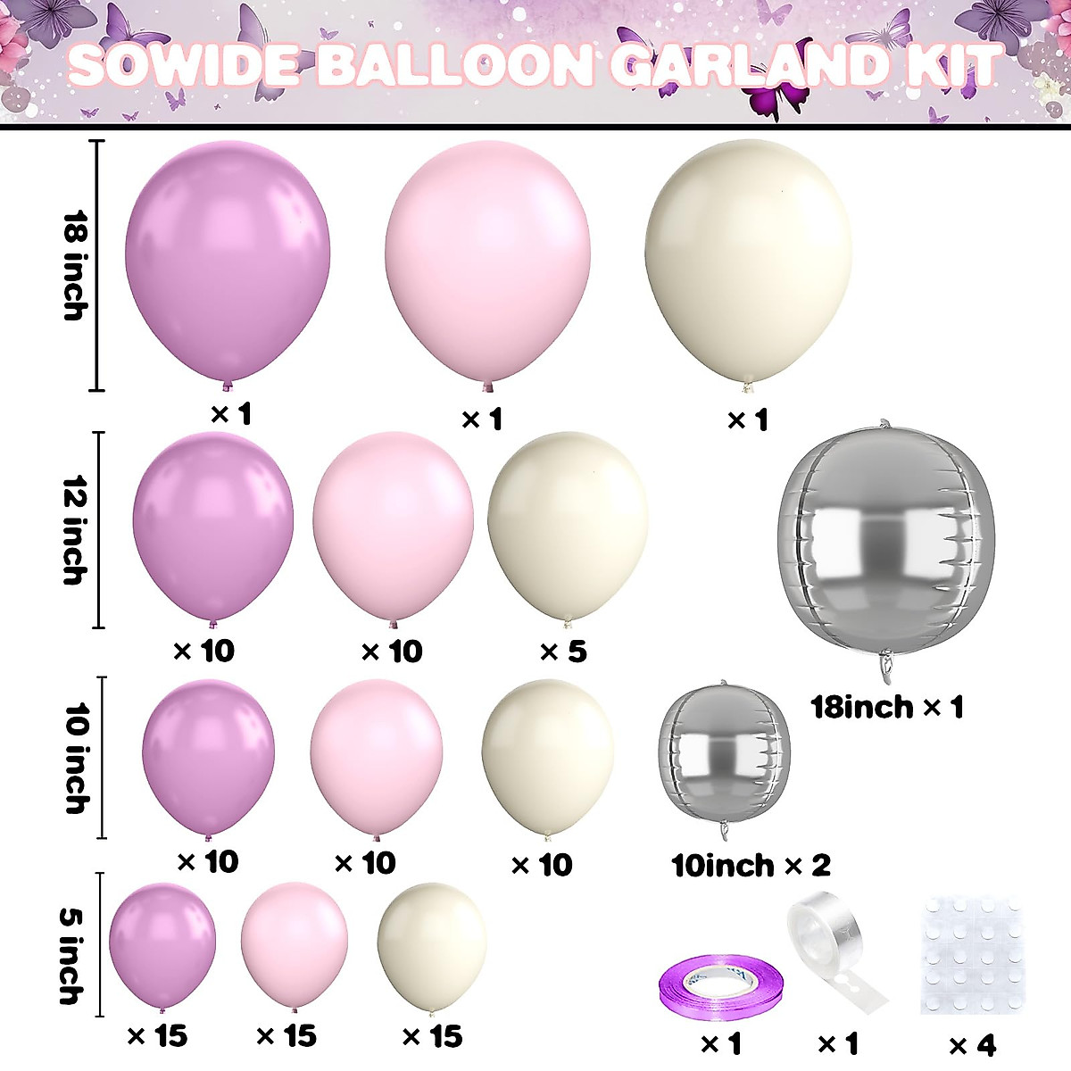 Pink and Purple Balloon Garland Arch Kit, Dusty Pink Lavender Purple Latex Balloons with Silver Foil Balloons for Bridal Baby Shower Wedding Butterfly Birthday Party Decoration