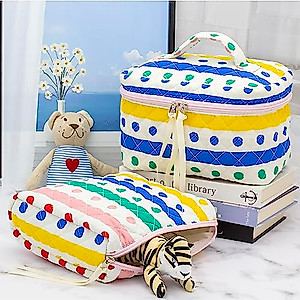 PAZIMIIK Cotton Makeup Bag for Women Large Quilted Travel Cosmetic Pouch Girls' Make Up Organizer,Colorful Polka Dot