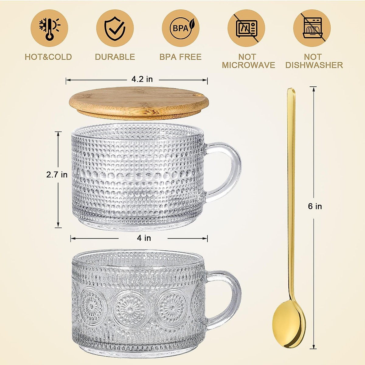 14oz Glass Coffee Mugs Cups , Overnight Oats Containers with Bamboo Lids and Spoons,Coffee Bar Accessories,Clear Embossed Tea Cups,Coffee Cups for Cappuccino, Latte,Christmas Thanksgiving Gift