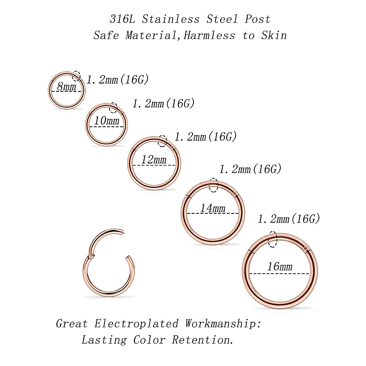 Xnsjeyy 16G Stainless Steel Nose Rings Hoops Hinged Clicker Septum Ring Lip Ring Cartilage Tragus Earrings Body Piercing Jewelry for Women Rose Gold