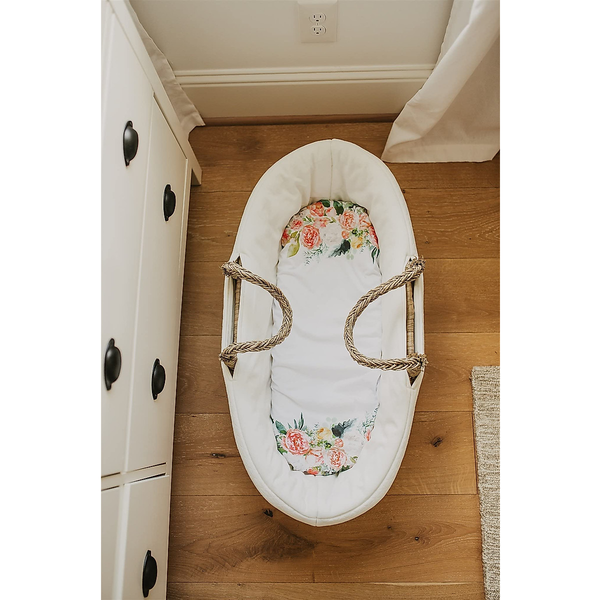 NODNAL CO. 3 Fitted Bassinet Sheets Set for Baby Girl - 100% OEKO-TEX Cotton Peonies & Roses - Pink Floral Boho Flowers - Cradle/Moses Basket, Hourglass, Oval, Rectangle Mattress Nursery Bedding Sheet