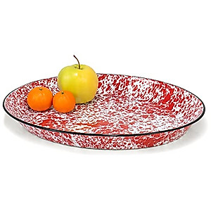 Red Co. Oven Safe Enamelware Metal Classic 16.5” Serving Oval Tray Platter, Red Marble/Black Rim – Splatter Design