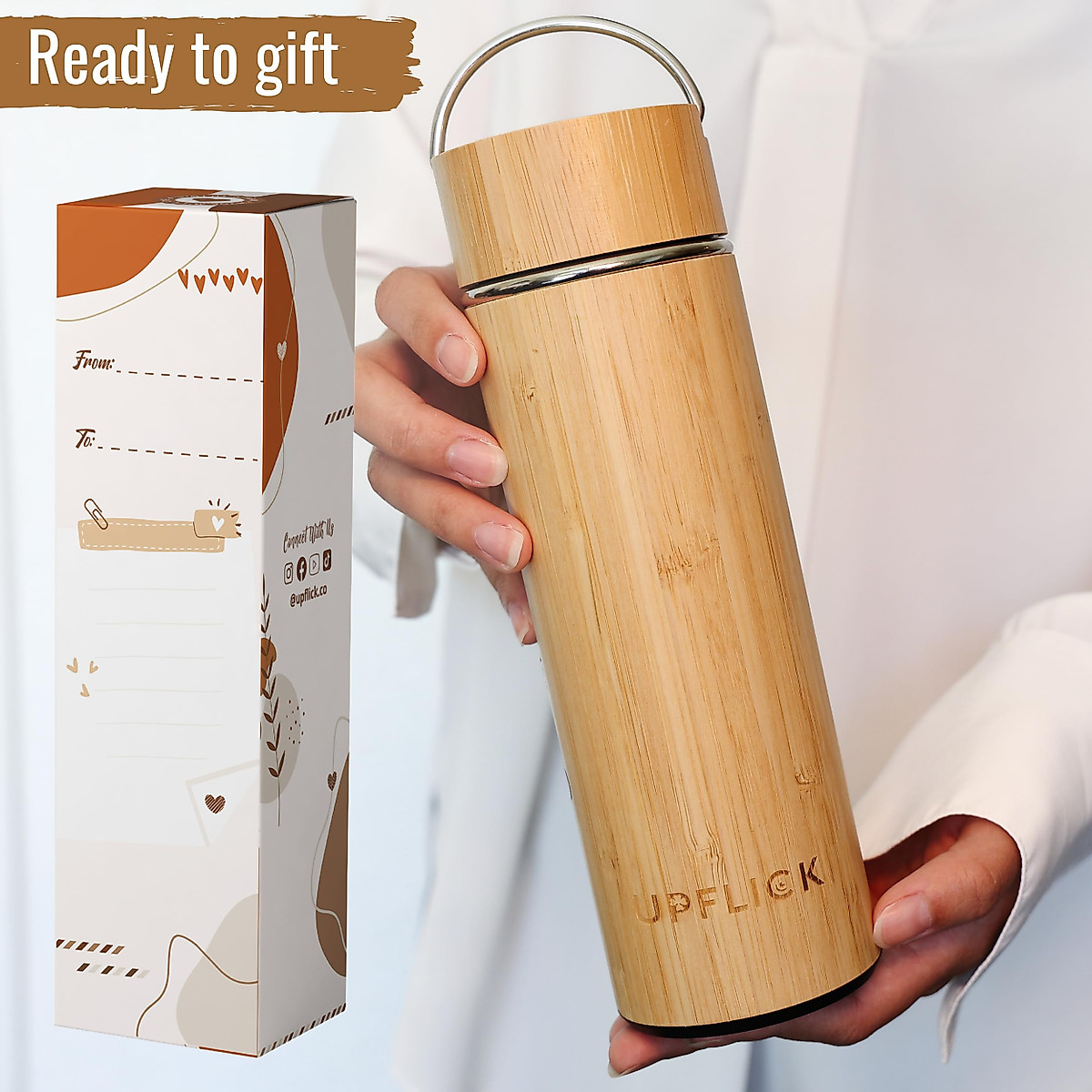 UPFLICK Bamboo Tea Tumbler with Infuser for Loose Tea 17 oz Insulated Water Bottle Gift for Women Birthday Coffee Thermos Stainless Steel Leak Proof Keep Hot Cold Drink for Gym, Sport, Camping, Yoga.