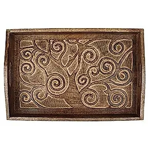 Tree of Life Wooden Breakfast Serving Tray with Handle for Tea Snack Dessert Kitchen Dining Serve Ware Accessories 15 x 10 Inches