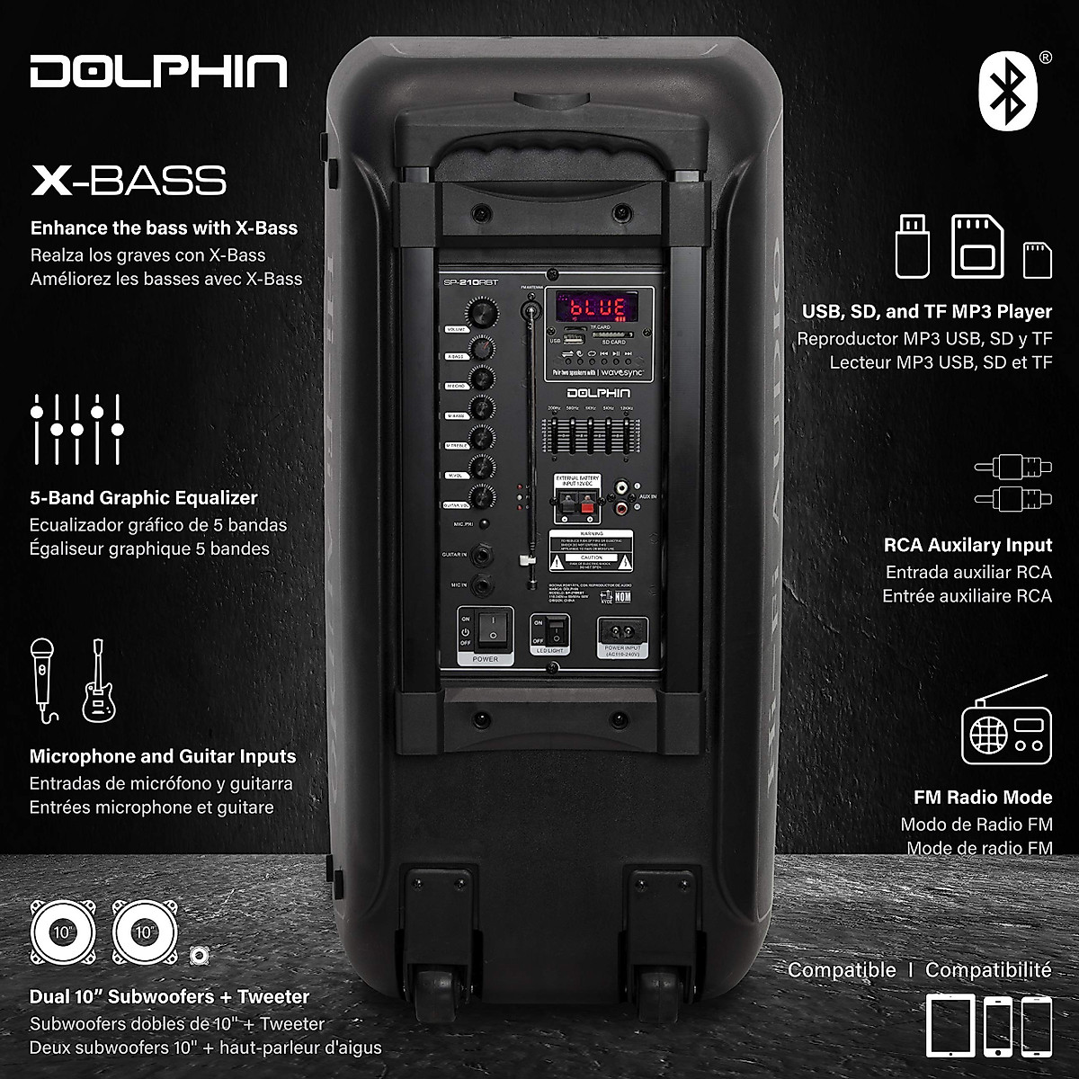 Dolphin SP-210RBT Dual 10" Bluetooth Party Speaker, Neon LED Lights, 3400W, Long-Lasting Battery, X-Bass, Trolley & Wheels