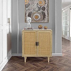 Finnhomy Sideboard Buffet Cabinet, Kitchen Storage Cabinet with Rattan Decorated Doors, Liquor Cabinet, Dining Room, Hallway, Cupboard Console Table, Accent Cabinet, 31.5X 15.8X 34.6 Inches, Natural