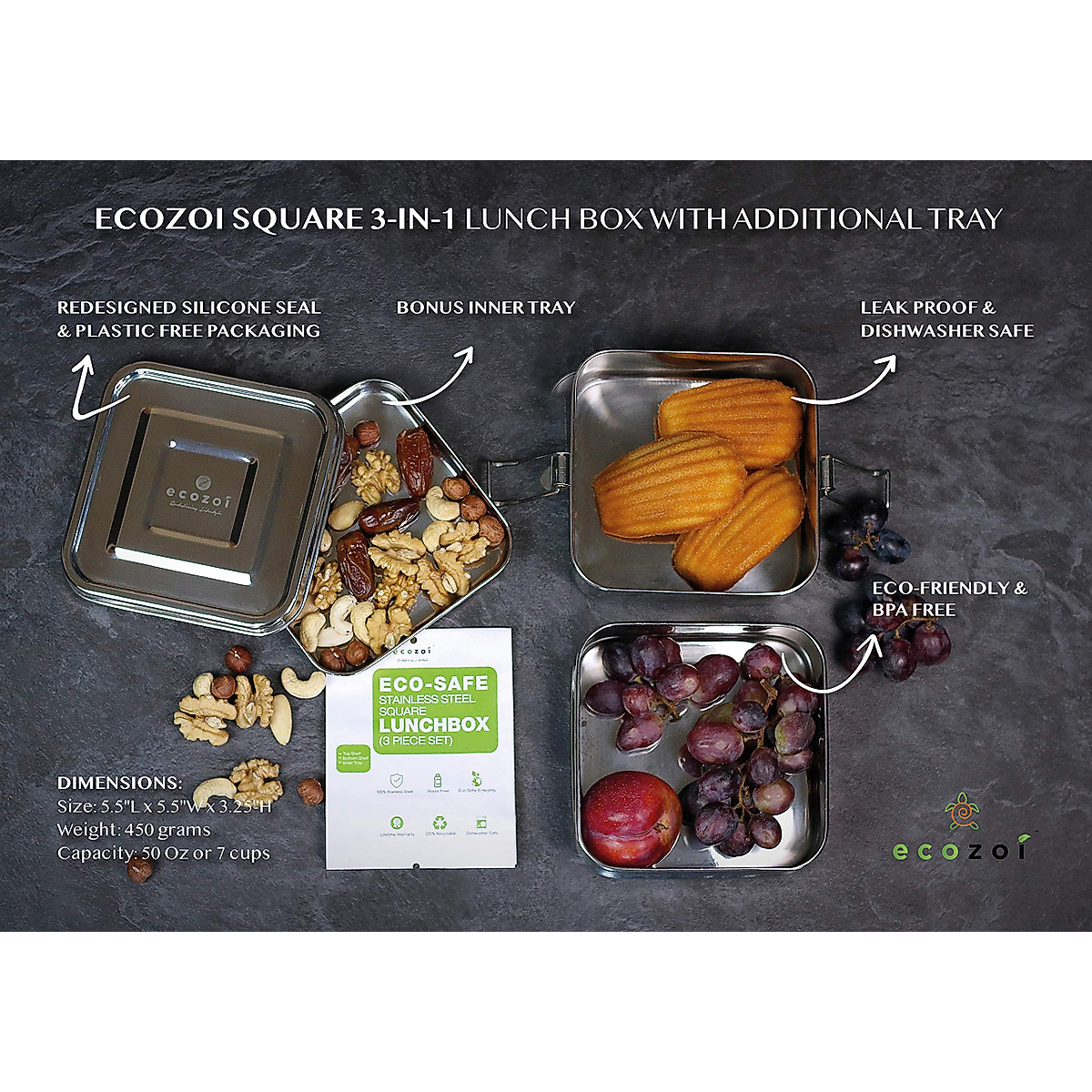 ecozoi Stainless Steel Lunch Box, 3-in-1 Eco Friendly Stackable Bento Box, Plastic Free Meal Prep Food Container, With Bonus Inner Tray, Square (1500 ml or 50 oz)