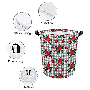 Cardinal Bird Holly Leaves and Poinsettia Flowers Foldable Laundry Basket Waterproof Hamper Storage Bin Bag with Handle 16.5"x 16.5"x 17"