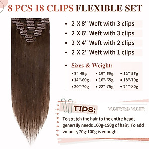 Hairro 100% Real Human Hair Clip in Extensions 8 Inch Short #4 Medium Brown 45g Thin 8 Pcs 18 Clips Straight Clip on Human Hairpieces for Women