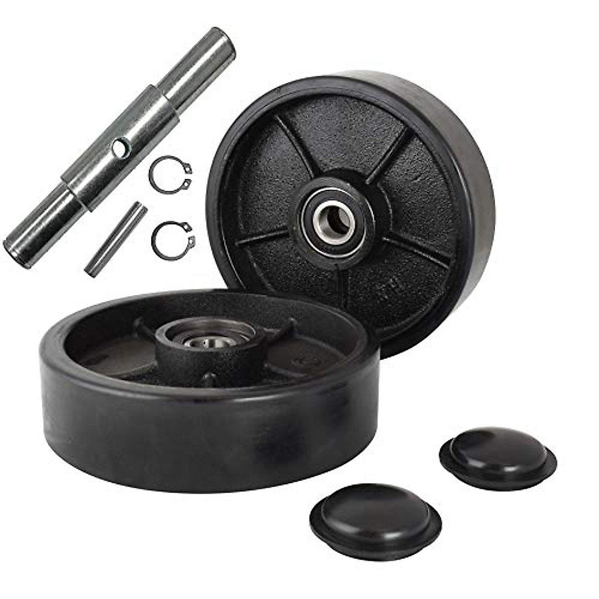Pallet Jack/Truck Steering Wheels Set with Axle, Fasteners and Protective Caps (4 pcs) 7" x 2" with Bearings ID 20mm Poly Tread Black