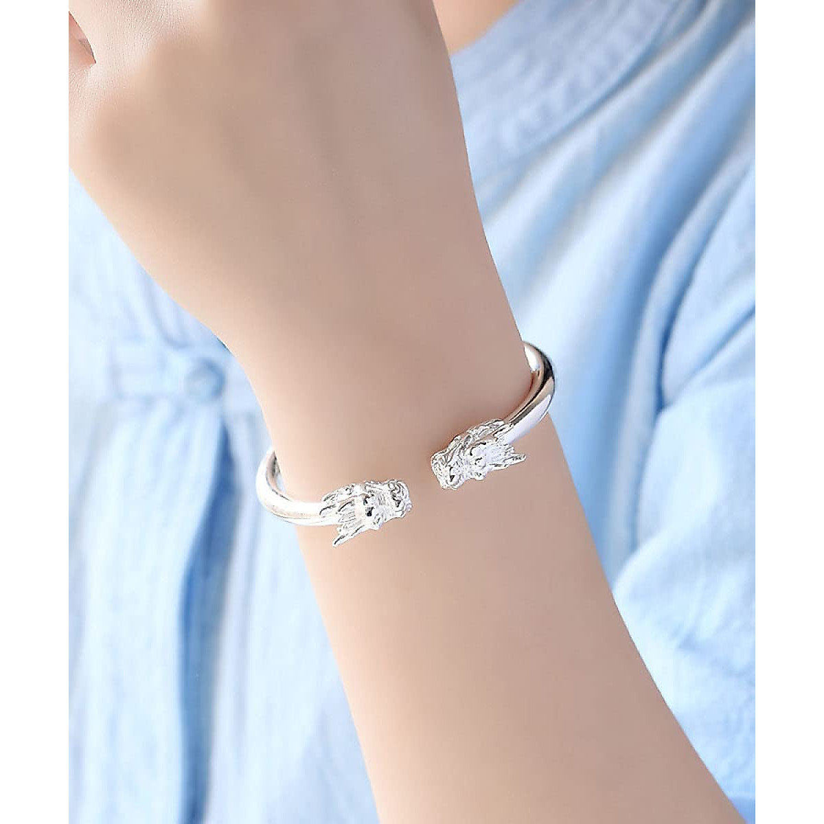 AdjustableSterling Silver Bangle Bracelet, Blue Diamond Bracelet，Sterling Silver Bracelet for Women,Women 925 Sterling Silver Bracelet Double Dragon's Head Cuff Bangle