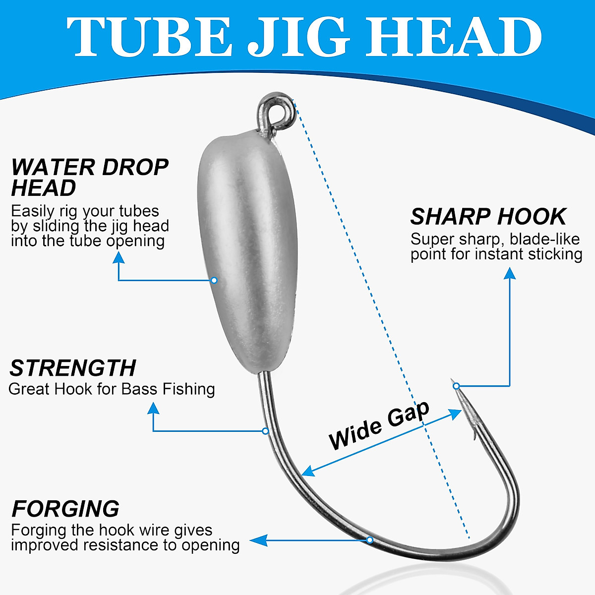 Tube Jig Heads Tube Bait Jig Hooks for Bass Fishing Unpainted Tube Bait Hooks Freshwater Saltwater Fishing Hooks Tube Jigs 1/8oz 1/4oz 3/8oz
