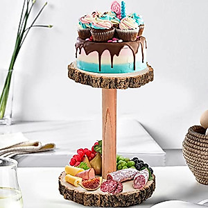 DEAYOU Rustic Cupcake Stand Wood, 2 Tier Cupcake Holder Wood Tiered Tray, Wooden Cupcake Tower Cheese Serving Board, Detachable Wood Slices Slab for Cake, Wedding, Dessert, Party, Display, Decor