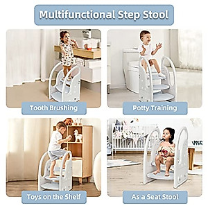 Toddler 3 Step Stool Onasti Kids Standing Tower for Toddlers Plastic Learning Helper Stool for Kitchen Counter Bathroom Sink Toilet Potty Training with Handles and Non-Slip Pads-Grey White