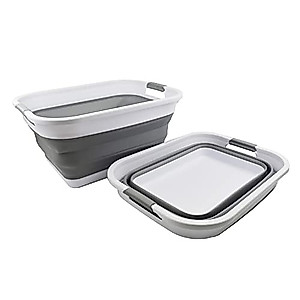 SAMMART 36L (9.5 gallon) Collapsible Plastic Laundry Basket - Foldable Pop Up Storage Container/Organizer - Portable Washing Tub - Space Saving Hamper/Basket (White/Grey (Set of 2))