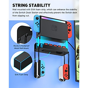 ZAONOOL Wall Mount for Nintendo Switch and Switch OLED with 2 Controller Wall Holders, Metal Wall Mount Kit Stand with 5 Game Card and 4 JoyCon Shelfs, Safely Store Console Near or Behind TV, Black