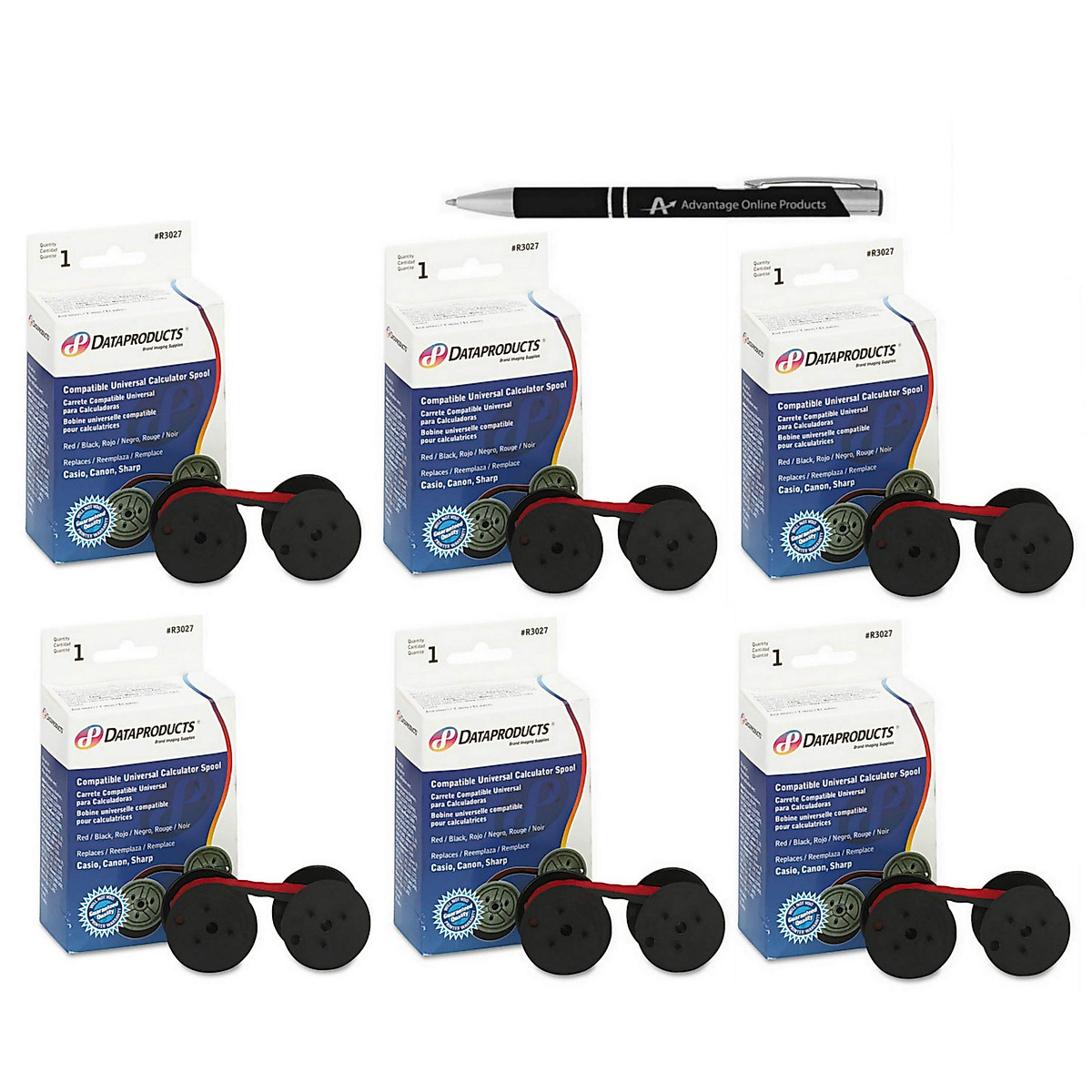 Value Bundle 6 Pack Dataproducts R3027 Two-Spool Universal Calculator Ribbon (C-Wind), Nylon Includes AdvantageOP Gunmetal Retractable Pen