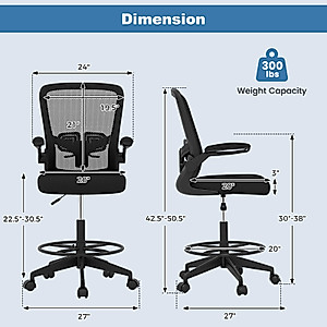 HAPPYGRILL Drafting Chair, Adjustable Height Standing Desk Chair with Armrest, Footrest Ring and Lumbar Support, Tall Office Chair Executive Computer Chair for Home Office (1, Black)