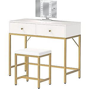 SUPERJARE Vanity Desk, Makeup Vanity with Stool & Tri-fold Lighted Mirror, Vanity Table Set with 2 Large Drawers - White and Gold