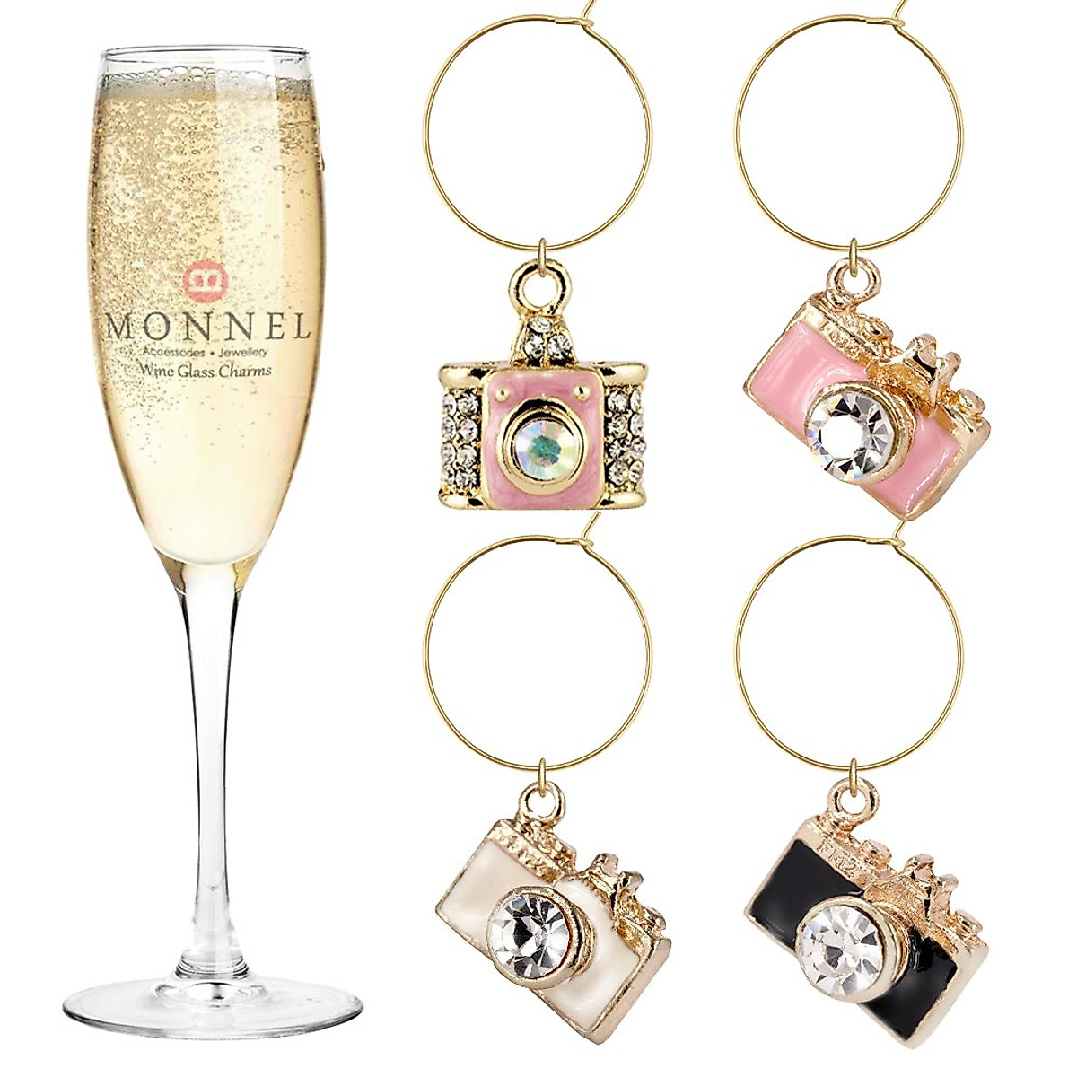 P410 Crystal Pink White Camera Wine Charms Glass Marker for Party with Velvet Bag- Set of 4