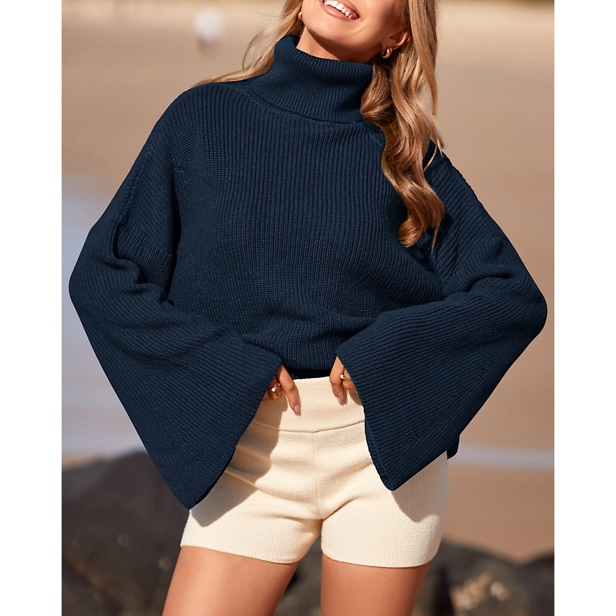 BTFBM Women's Turtleneck Pullover Sweaters 2024 Fall Winter Bell Long Sleeve Slouchy Oversized Ribbed Knit Jumper Tops(Solid Dark Blue, Small)