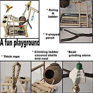 Parrots Playground Bird Play Stand Natural Wood Parrot Perch Gym Playpen Parakeet Nest with Feeder Cups Ladders Lovebirds Cage Accessories Toy Exercise Activity Center for Conure Cockatiel Lovebirds