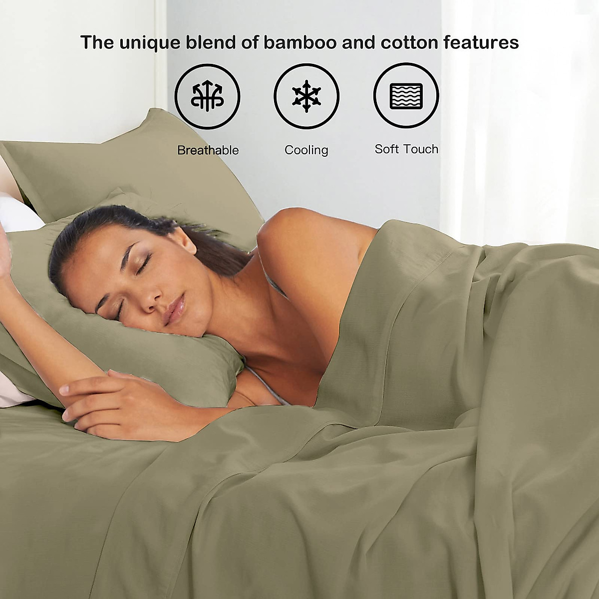 Olive Green Linen-Textured Bed Sheets Set, Bamboo Rayon , Cotton , Linen Blend Bed Sheets Full Size, Soft Cool & Breathable for Hot Sleepers,Durable Natural Organic Bed 15'' Deep Pocket - 4 Piece