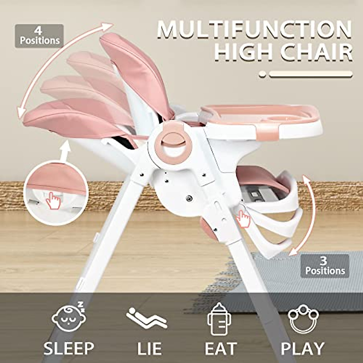 Babilous 4 in 1 Baby High Chair Foldable Booster Seats, Portable and Compact Adjustable High Babychair for Babies and Toddlers - Multiple Heights and Positions(Pink)