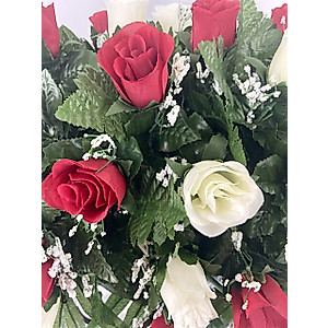 Cemetery Headstone Saddle Flower Arrangement in Red and Cream Roses-Grave Marker Decoration, Sympathy Flowers