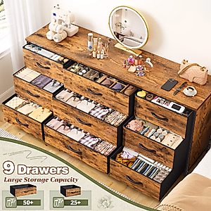 EnHomee Dresser TV Stand with 9 Drawers for 60'' TV Stand for Bedroom Long Dresser for Bedroom Wide Dressers & Chests of Drawers, Sturdy Metal Frame & Wood Top, Living Room, Closet, Rustic Brown