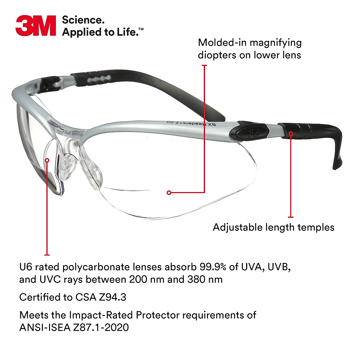 3M Safety Glasses with Readers, BX, +2.0, ANSI Z87, Anti-Fog Anti-Scratch Clear Lens, Silver Frame, Adjustable Length Temples and Lens Angle