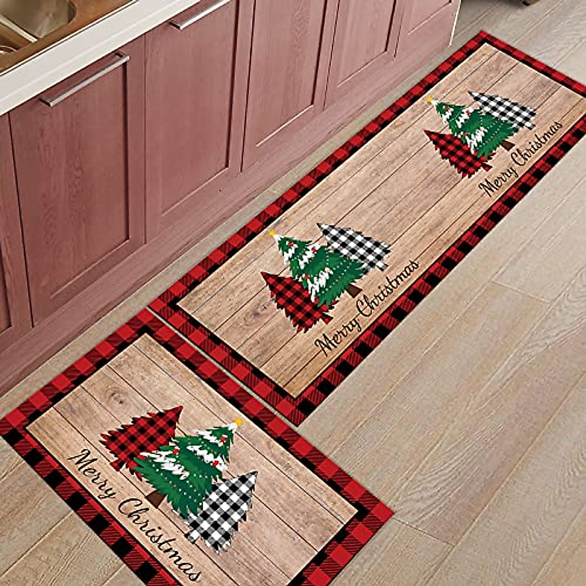 Arts Print Kitchen Rug Mat Set of 2,Merry Christmas Buffalo Plaid Pine Tree Wooden Board Runner Rug,Non-Slip Durable Kitchen Floor Mat for Sink,15.7x23.6Inch+15.7x47.2Inch