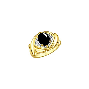 RYLOS Rings for Women 14K Gold Plated Silver Ring XOXO Hugs & Kisses 9X7MM Gemstone & Diamond Ring October Cabochon Onyx Jewelry for Women Size 7