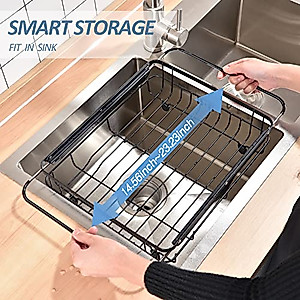 TOOLF Expandable Large Dish Rack, Dish Drying Rack Over The Sink, Adjustable Dish Rack in Sink or On Counter Dish Drainer with Utensil Holder Rustproof for Kitchen