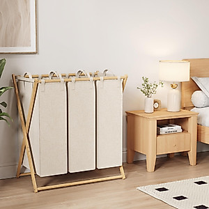 Lifewit 150L Large Laundry Hamper 3 Section, Collapsible Bamboo X-Frame Laundry Basket Sorter, Clothes Hamper with 3 Removable Bags for Laundry Room Bedroom Bathroom, Beige