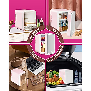 NISHCON Skincare Fridge with Dimmable LED Light Mirror, 4L/6Can Cooler Warmer Mini Fridge for Skin care Cosmetic Makeup Beauty, Portable Mini Skincare Fridge for Bedroom Dorm Office Rv and Car, Pink