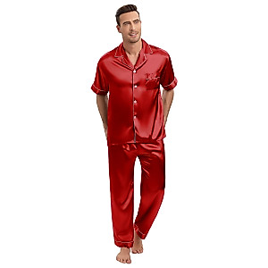 AUECK Mens Satin Pajamas Set Short Sleeve Button Down Sleepwear Soft 2 Piece Silk Loungewear with Pockets(Red,XX-Large)
