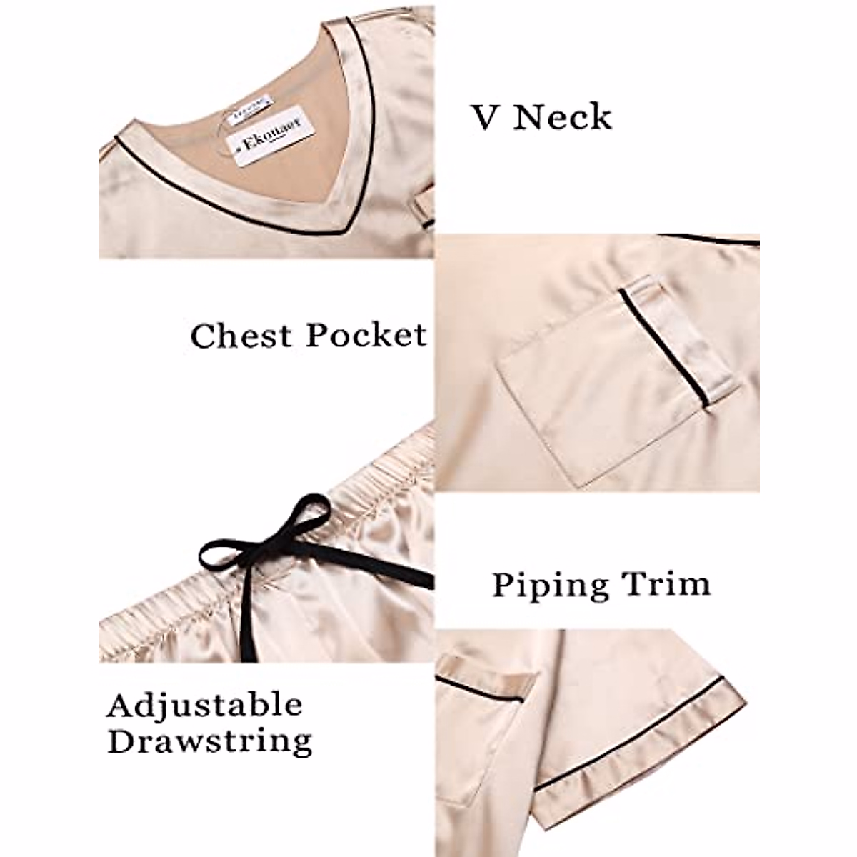 Ekouaer Silk Pjs for Women Set Comfy Two Piece Satin Pajamas Set Casual V Neck Top with Short Loungewear Champagne Small