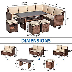 Verano Garden 7 Pieces Patio Furniture Set, Outdoor Patio Dining Sofa Set W/Cushion, Table & Ottoman, Clearance All Weather Outdoor Patio Furniture Set for Deck, Porch, Poolside, Backyard