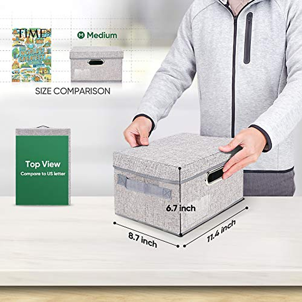 BALEINE Storage Bins with Lids, Foldable Linen Fabric Storage Boxes with Lids, Collapsible Closet Organizer Containers with Cover for Home Bedroom Office (5pack Gray Medium)