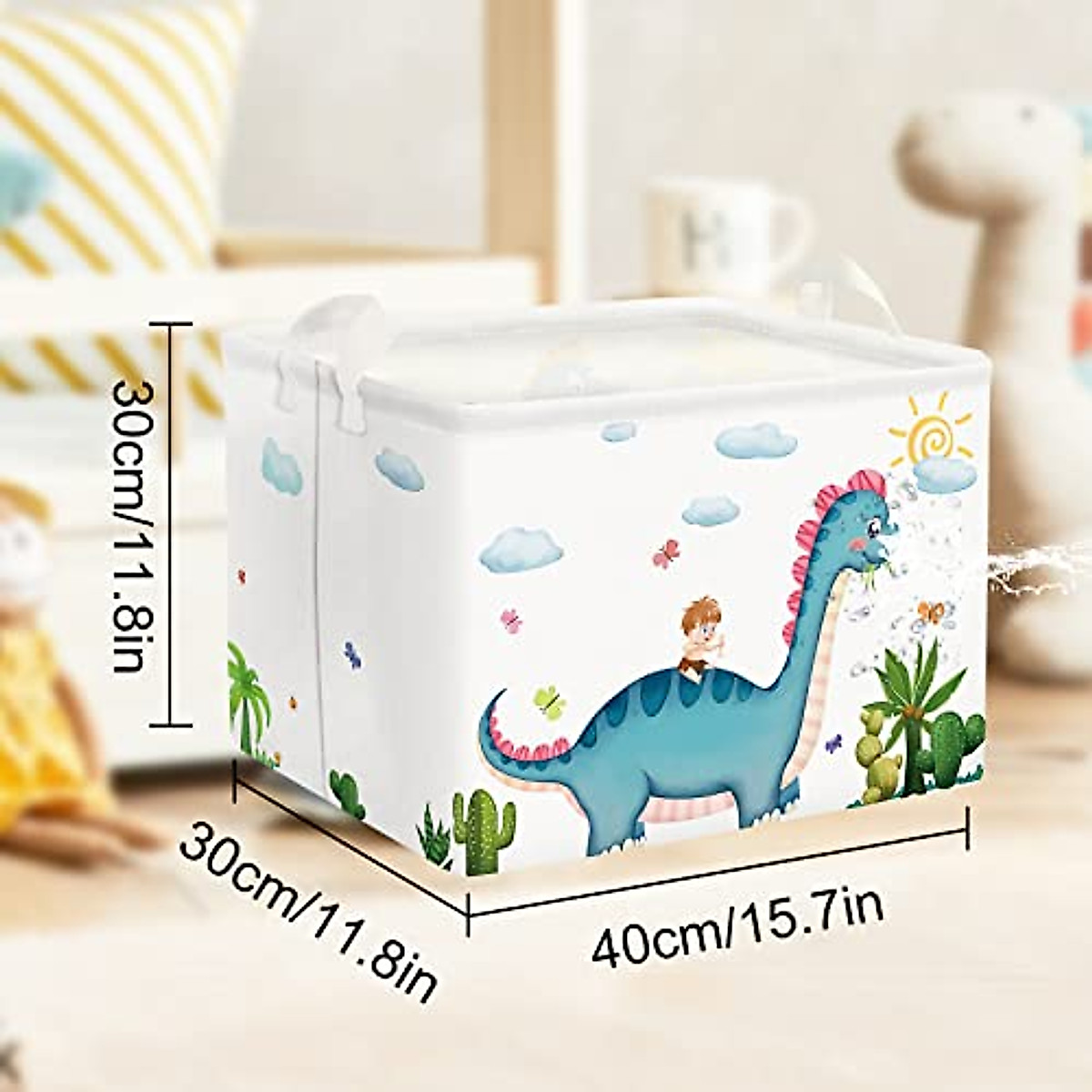 Clastyle Blue Dinosaur Baby Playing Trees Shelf Basket for Kids Room Butterflies Clouds Rectangle Book Toy Clothes Cube Storage Basket, 36L