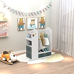 Kids Costume Organizer,Costume Rack, Kids Dress up Storage with Mirror and Storage Bin,Open Hanging Kids Play Armoire Dresser with Mirror,Pretend Storage Closet for Kids,Costume Storage Dresser,WHITE