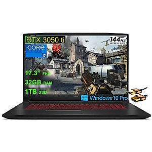MSI Katana GF76 17 Gaming Laptop 17.3” FHD IPS 144Hz Thin Bezel Display 11th Gen Intel 8-Core i7-11800H 32GB RAM 1TB SSD GeForce RTX 3050 Ti 4GB Backlit USB-C Nahimic Win10Pro Black + HDMI Cable