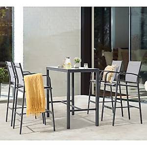 OC Orange-Casual 5-Piece Patio Bar Set, All-Weather Aluminum Textile Fabric Outdoor High Top Dining Table and Chairs, 4 Metal Bar Height Stools with Glass Top Bar Table, for Porch, Garden, Dark Grey