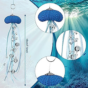 Sea Urchin Jellyfish Christmas Ornament Coastal Beaded Beach Theme Holiday Decorations Ocean Inspired Elegant Hanging Jellyfish Decorations with Clear Crystal and Ribbons (Dark Blue,3 Pcs)