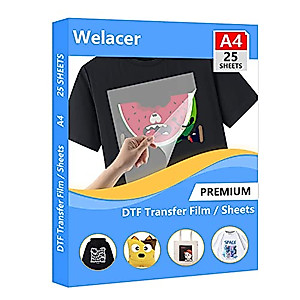 Welacer DTF Transfer Film Paper - A4(8.4" x 11.7") 25 Sheets Double-Side Matte Clear Pretreat Sheets, PET Heat Transfer Paper for Epson Inkjet Printer Direct Print on T Shirts Textile