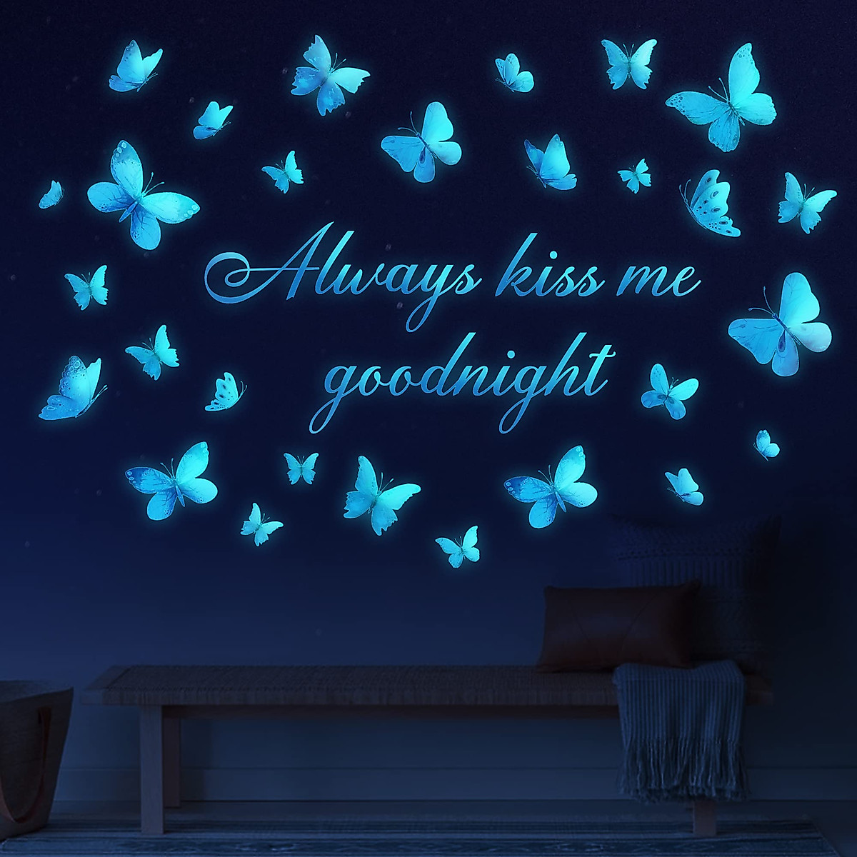 Butterfly Wall Decor Stickers Glow in The Dark Butterfly Wall Decals Peel and Stick Luminous Butterflies Always Kiss Me Good Night Decals Positive Quotes for Girls Kids Ceiling Bedroom Living Room