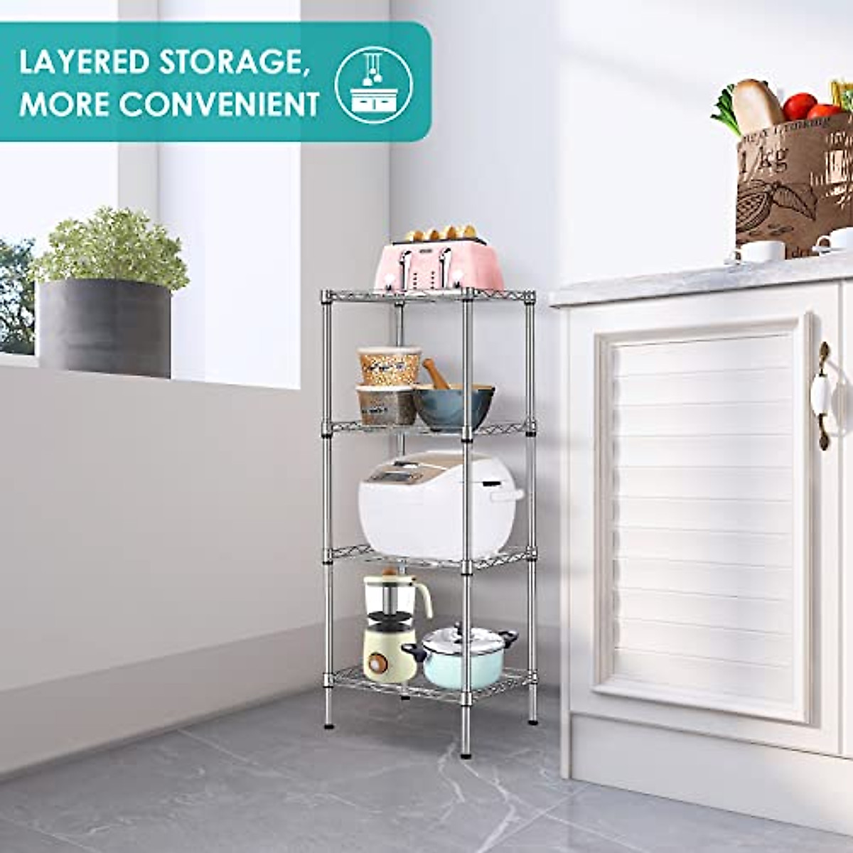 4 Tier Wire Shelving Unit, Height Adjustable Wire Shelves with 264 LBS Capacity, Metal Storage Rack Organizer for Laundry, Kitchen, Bathroom, Pantry, Closet (9.8"D x 13.7"W x 31.5"H, Silver)