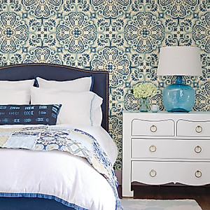 NuWallpaper NU2235 Florentine Tile Peel & Stick Wallpaper, Blue